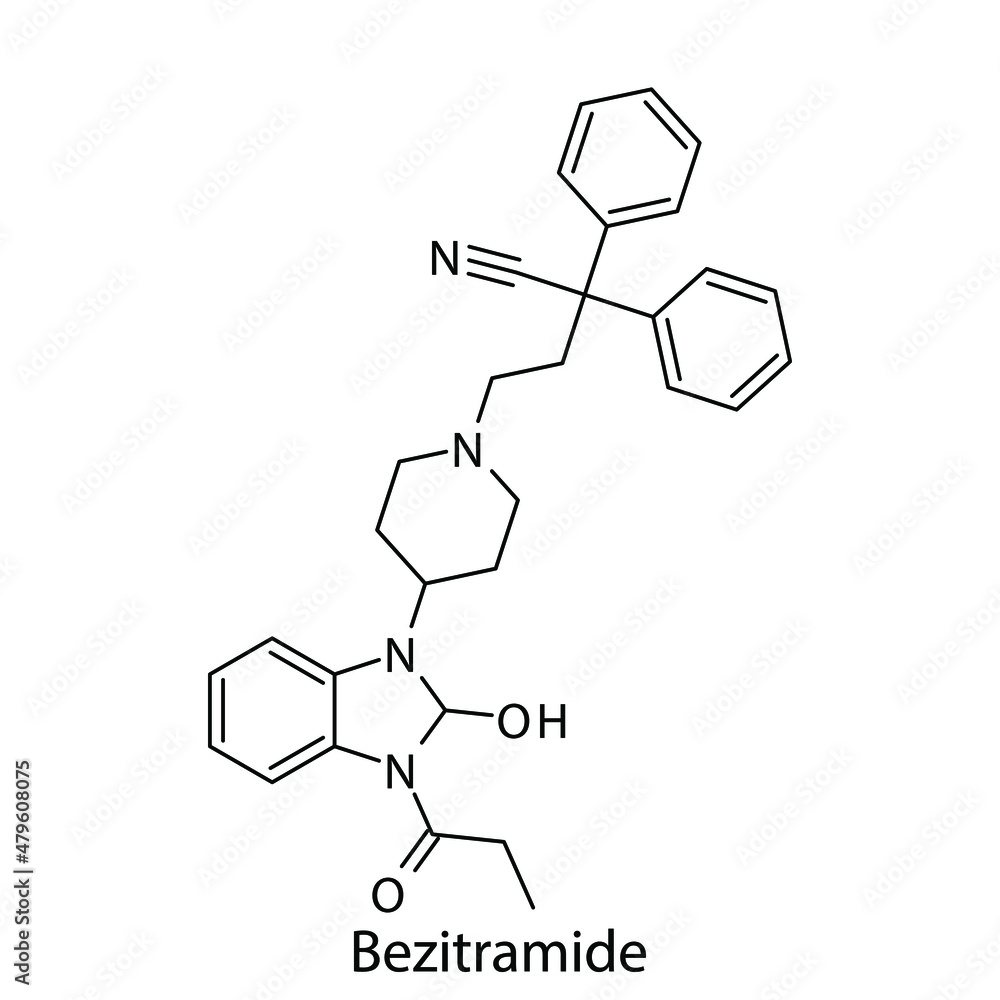 Bezitramide molecular structure, flat skeletal chemical formula. Opioid ...