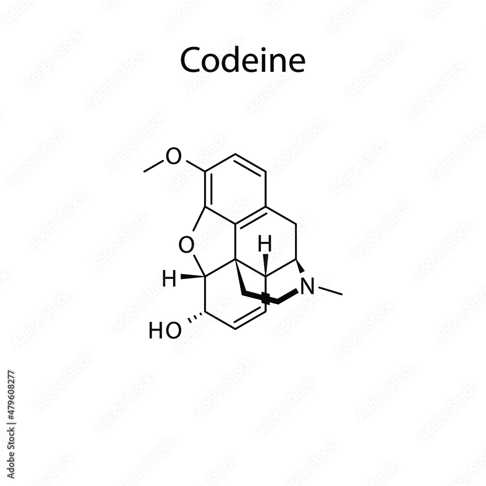 Codeine molecular structure, flat skeletal chemical formula. Opioid ...