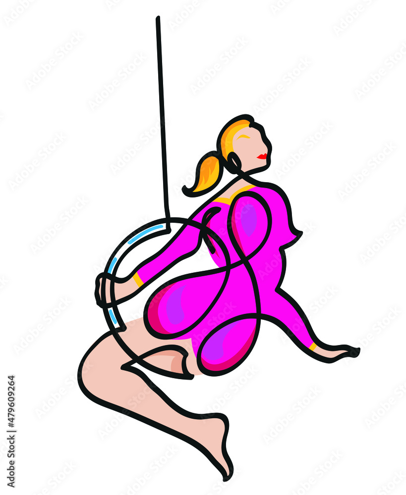 One line drawing of aerial acrobat in the ring. One continuous line ...