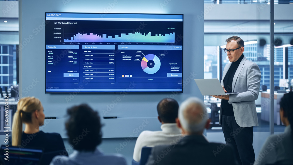 Modern Product Presentation Event: On-Stage Successful Caucasian ...