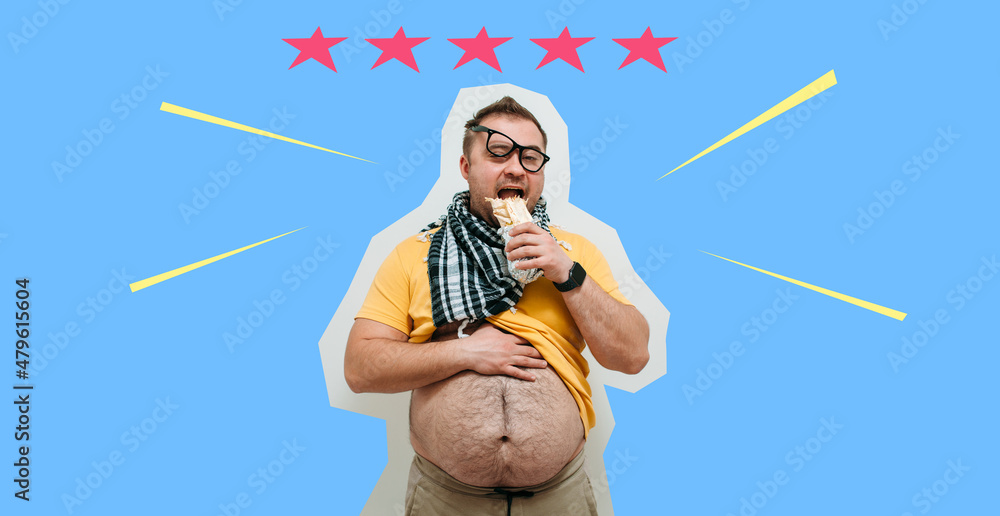 Overweight funny man with a belly hanging out of his pants eating tasty ...