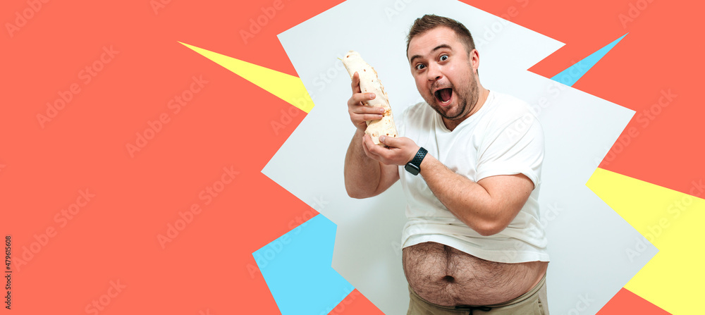 Overweight funny man with a belly hanging out of his pants eating tasty ...