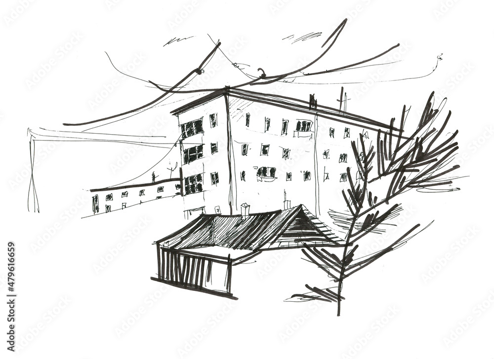 1980s architecture. City ghetto. High-rise building. Modern ruins ...