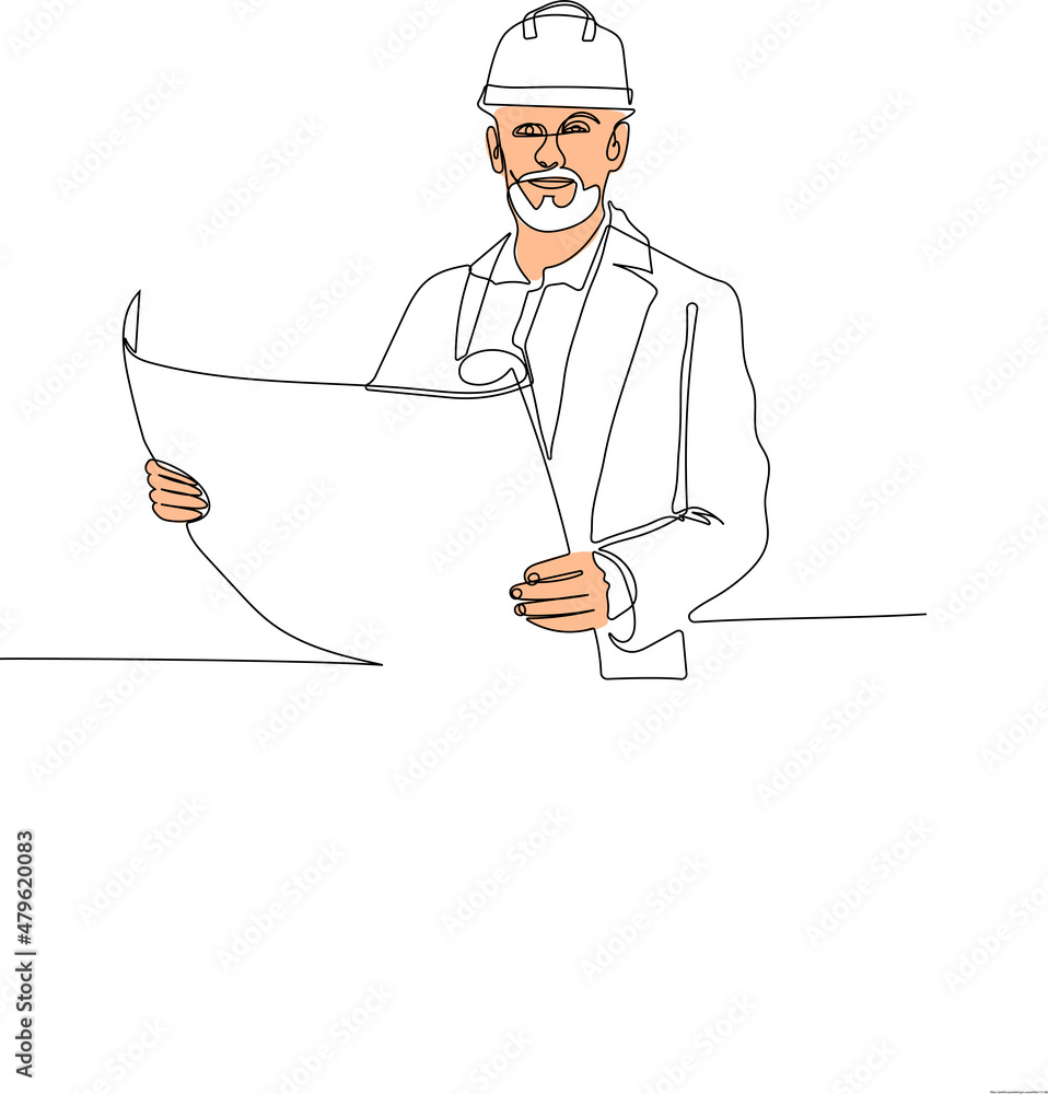 Continuous line drawing of a portrait of an architect builder studying ...