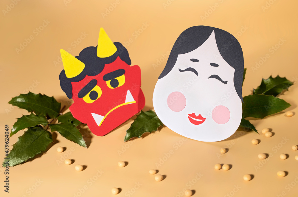 Cute Setsubun paper-craft with red demon and Okame, one of Japanese ...