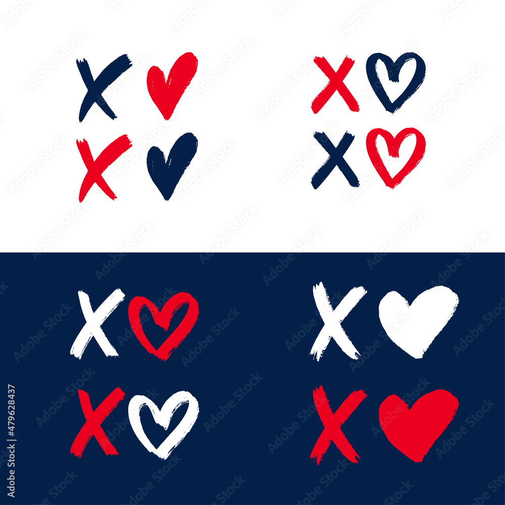 XoXo hand drawn phrase. Set of kisses sign, icon, logo with red and ...