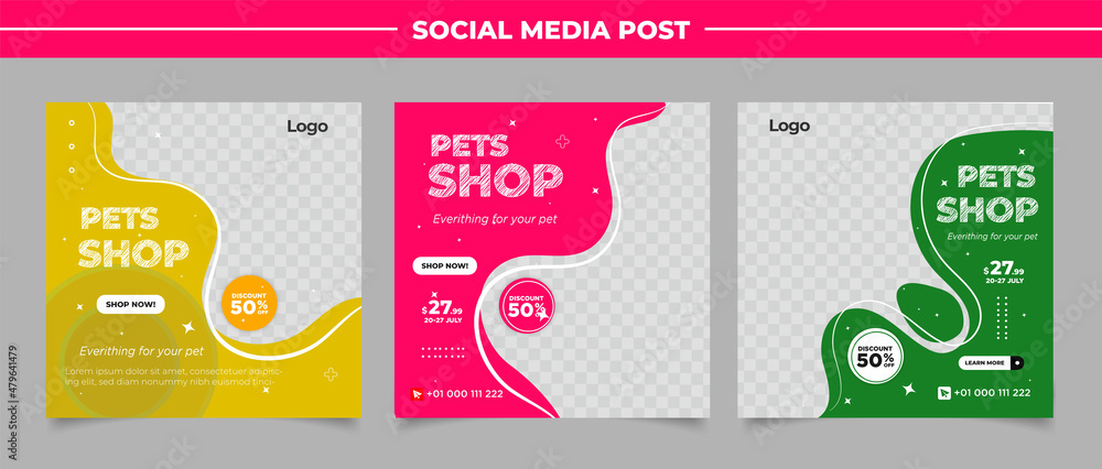 Pet shop social media post template design with photo collage. Stock ...