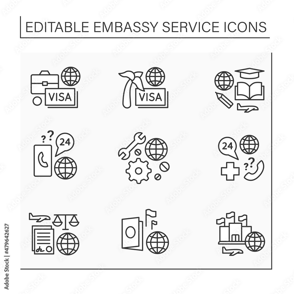 Embassy service line icons set. Clients support, consultation about ...