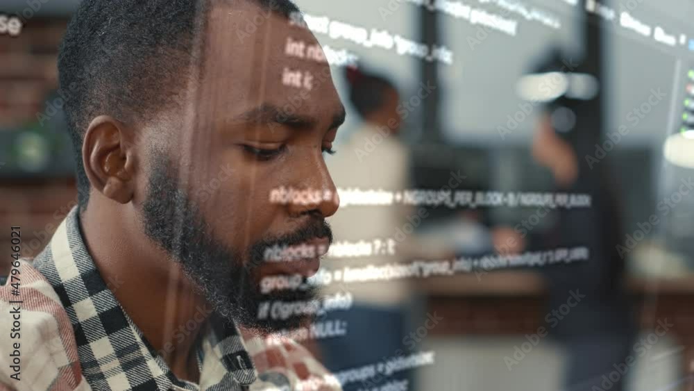 Portrait of african american software developer through vfx of floating ...