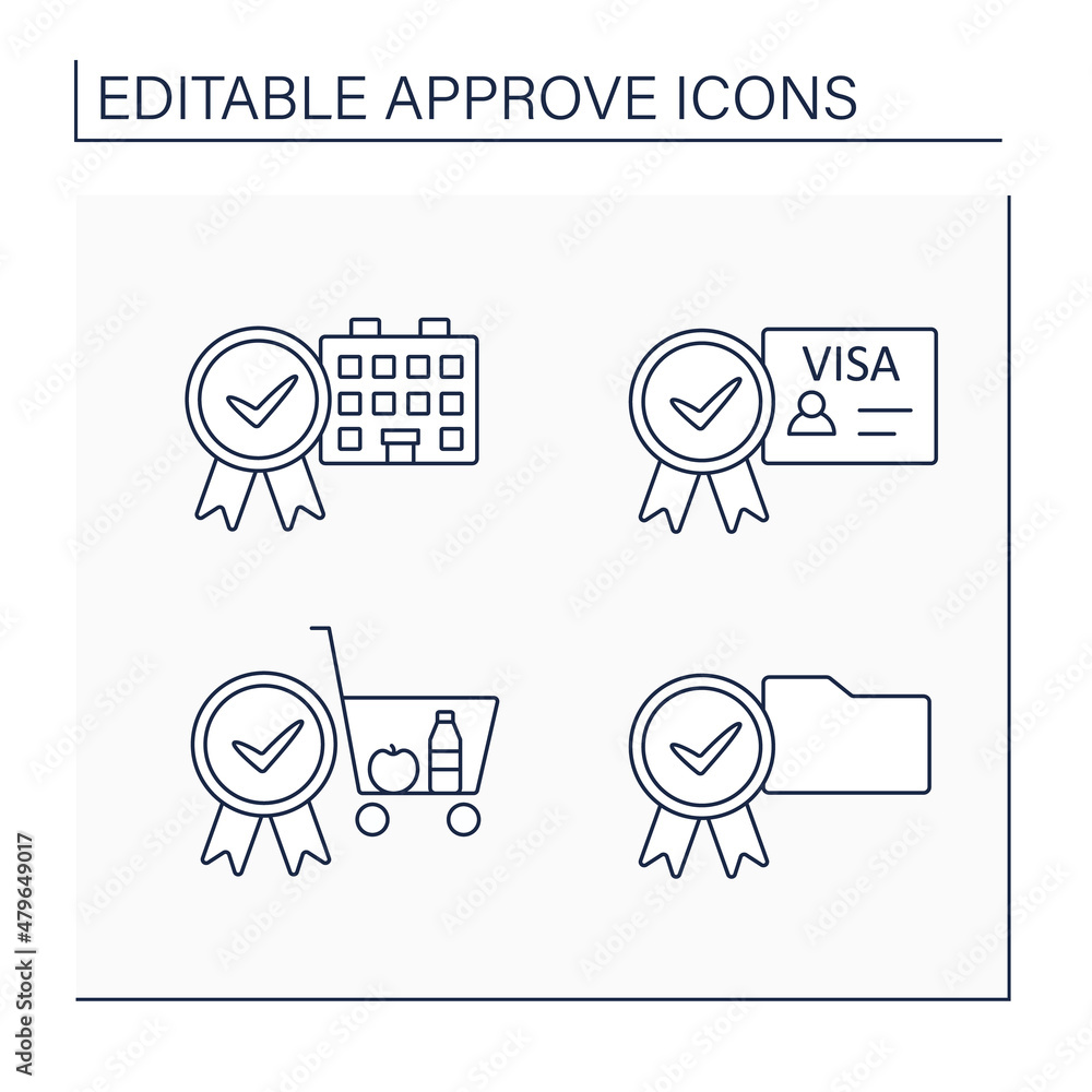 Approve line icons set. Approving schedule, visa, order, folder ...