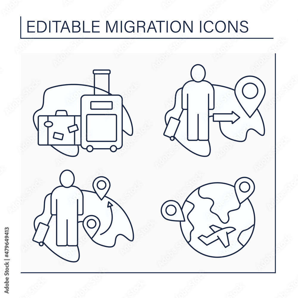 Migration line icons set. Stateless person, assimilation, diaspora ...