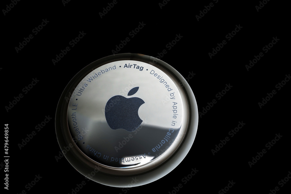 Paris, France - May 2, 2021: Close-up Hero object shot of new AirTag ...