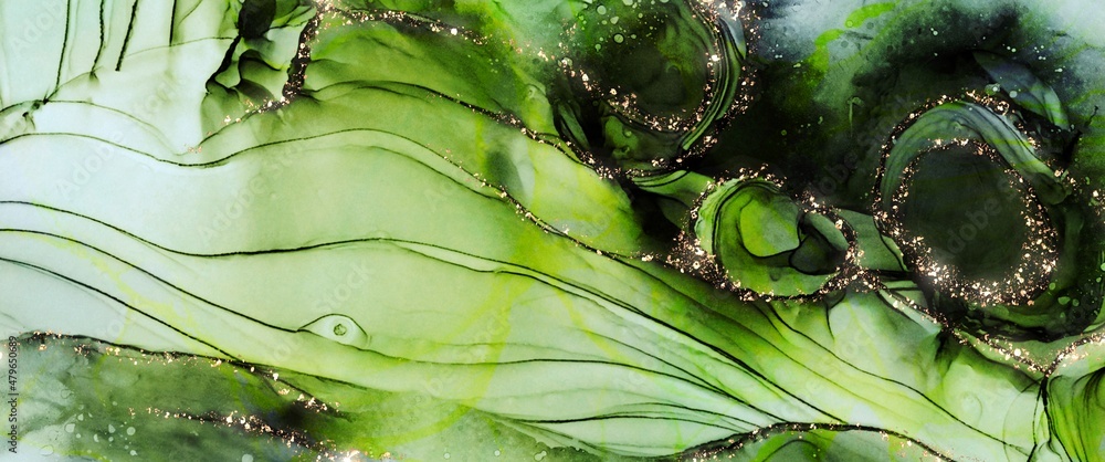 abstract green nature alcohol ink background with fluid texture and ...