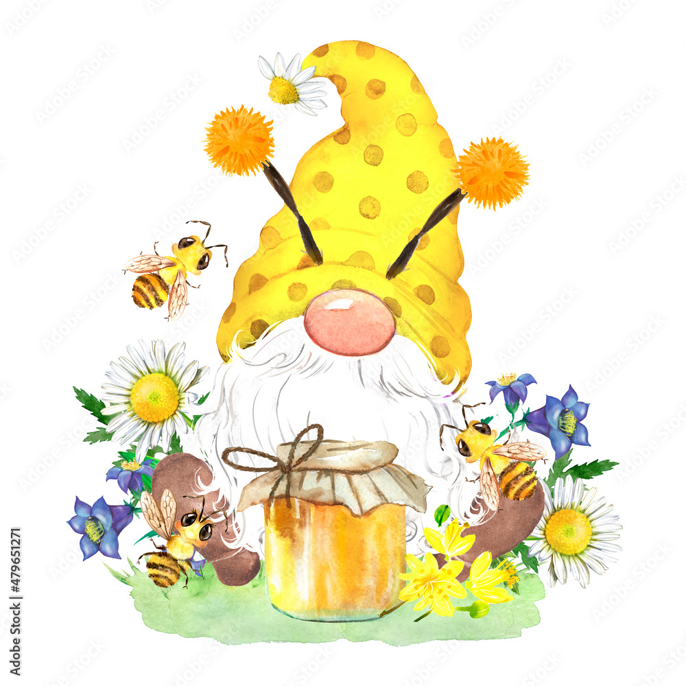 Cute watercolor gnome in bee costume, honey, bees, spring gnome, spring ...