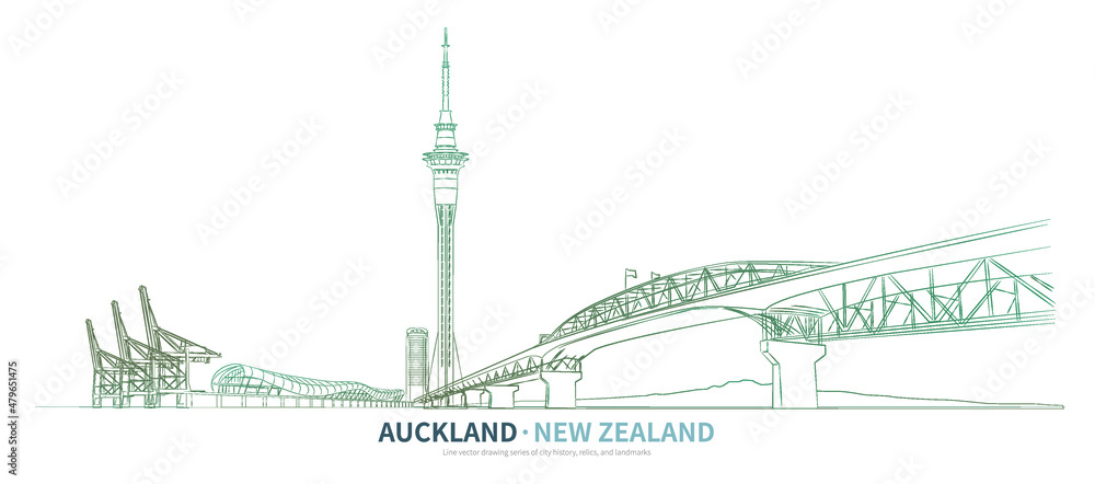 Auckland cityscape line drawing vector. sketch style New zealand ...