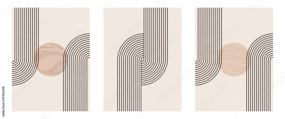 Set of boho modern minimalist abstract line art print with geometric ...