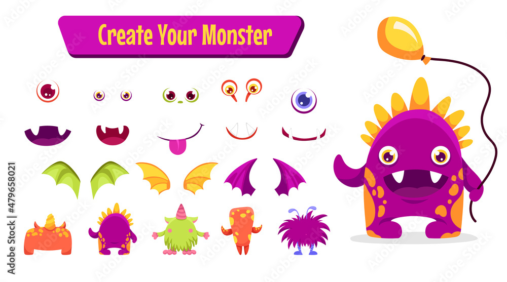 Monster creation set for building different creatures with wings, horns ...