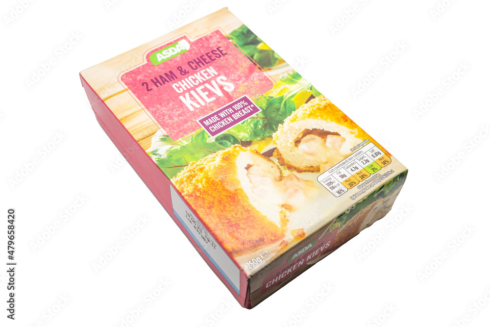 Norwich, Norfolk, UK – January 2022. Asda branded box of ham and cheese ...