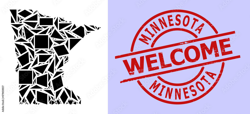 Simple geometric mosaic map of Minnesota State with scratched stamp ...