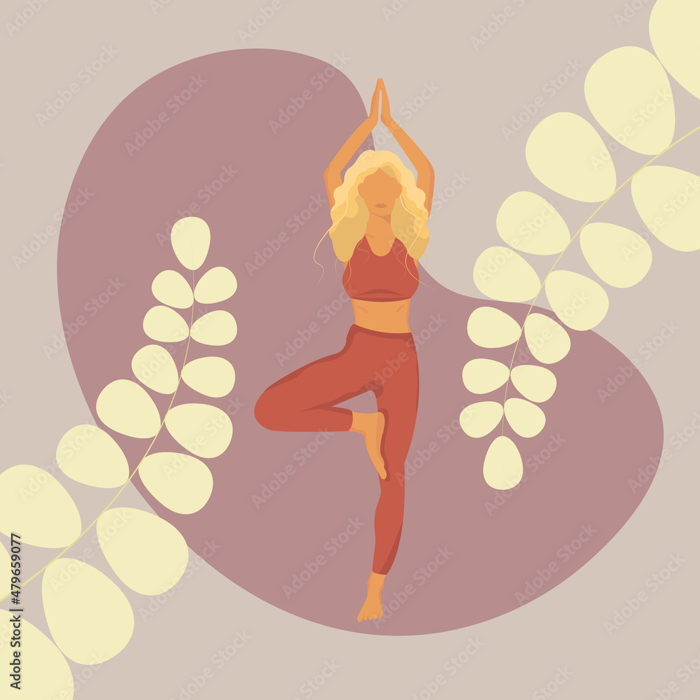 Slim blond yogi girl standing on one leg in tree pose. Doing woman ...