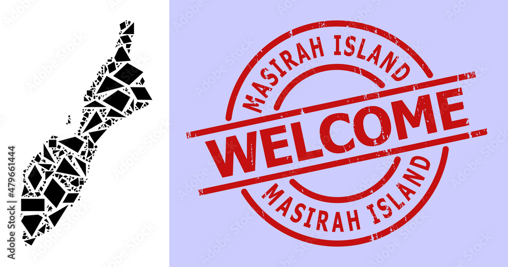 Simple geometric mosaic map of Masirah Island with grunge stamp. Red ...