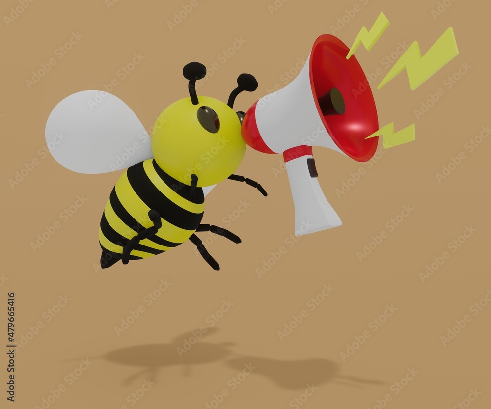 A 3D Render of a bee using a megaphone to say something with an orange ...