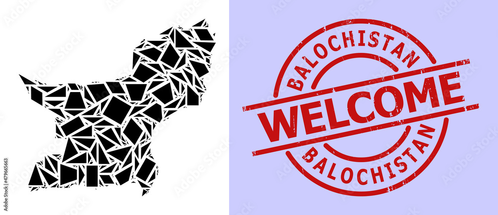 Simple geometric mosaic map of Balochistan Province with unclean stamp ...