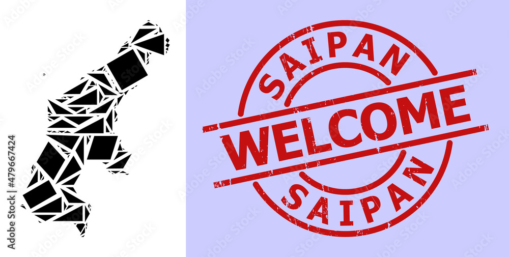 Simple geometric mosaic map of Saipan Island with grunge stamp seal ...