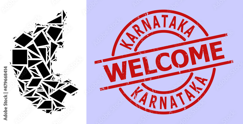 Simple geometric mosaic map of Karnataka State with scratched stamp ...