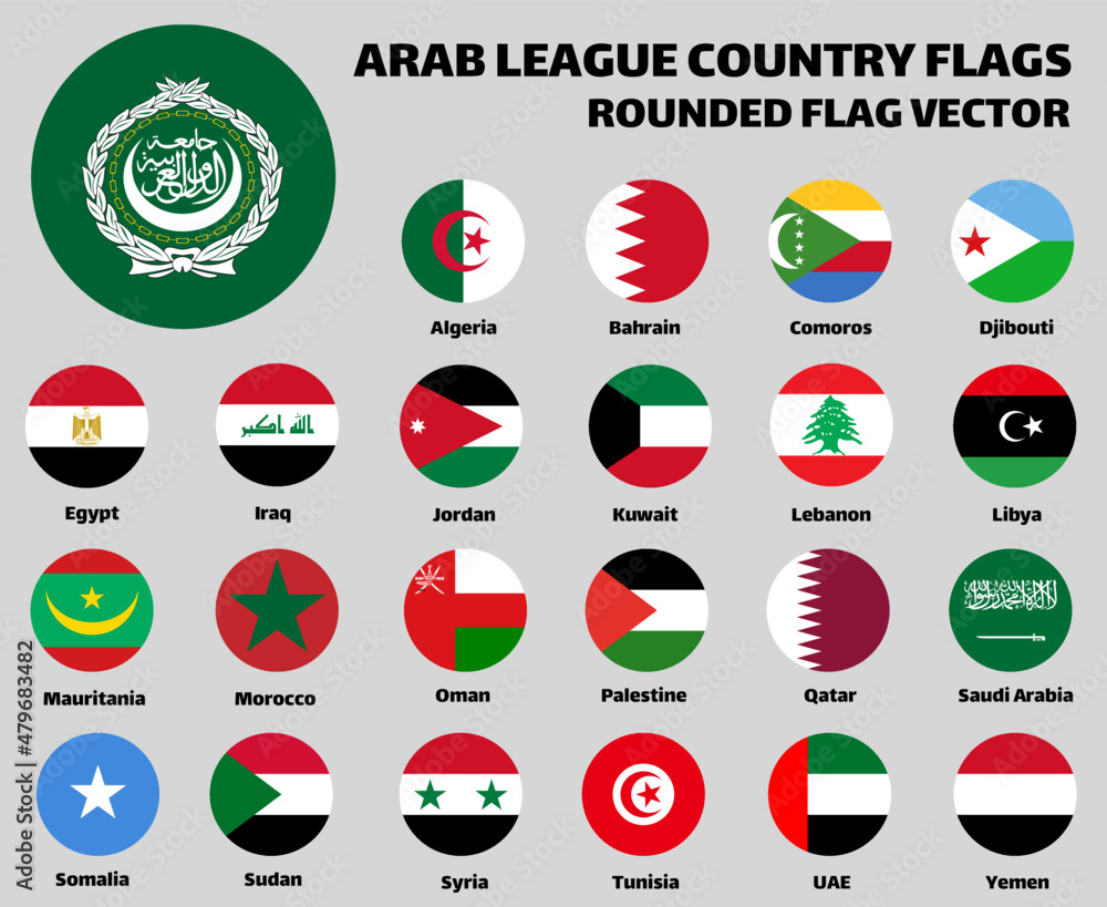 The Arab League Country Flags Set Collection. Rounded Flat Vector Stock ...
