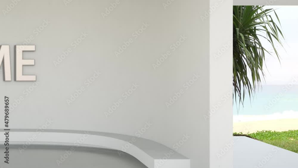 Welcome text sign and white curve wall on empty concrete floor in ...