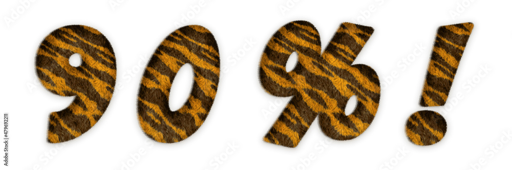 Tiger font, number 9, 0, %, # with fur hairy texture. Realistic 3D ...
