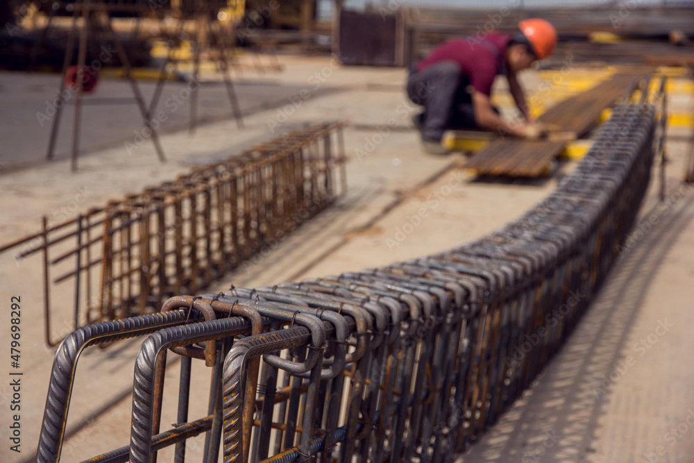 Building construction. Steel reinforcement bars. Industrial background ...