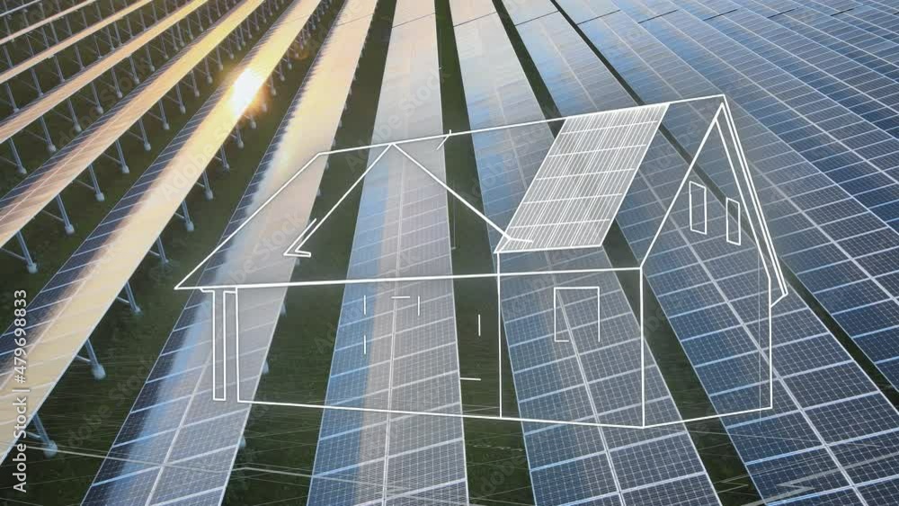 Architectural drawing blueprint of family house with solar panels on ...