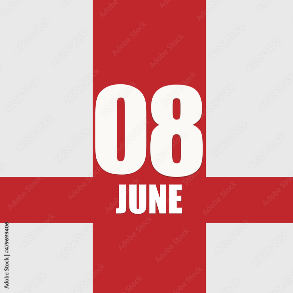 june 8. 8th day of month, calendar date.White numbers and text on red ...