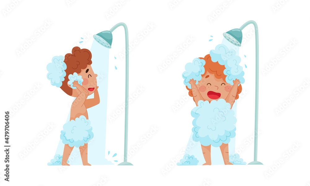 Cute happy kids daily routine set. Little boy and girl taking shower ...