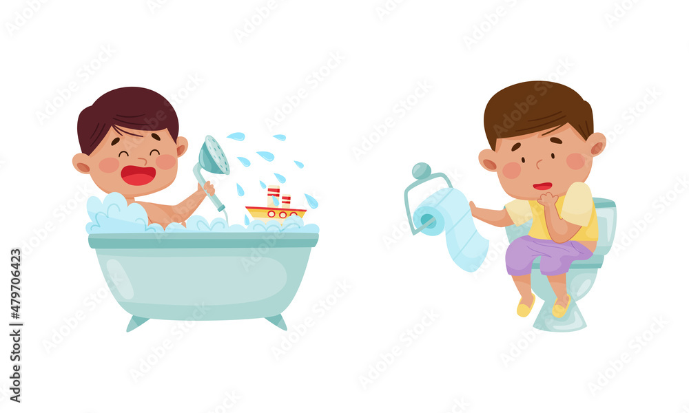 Cute happy kids daily routine set. Little boys taking bath and sitting ...