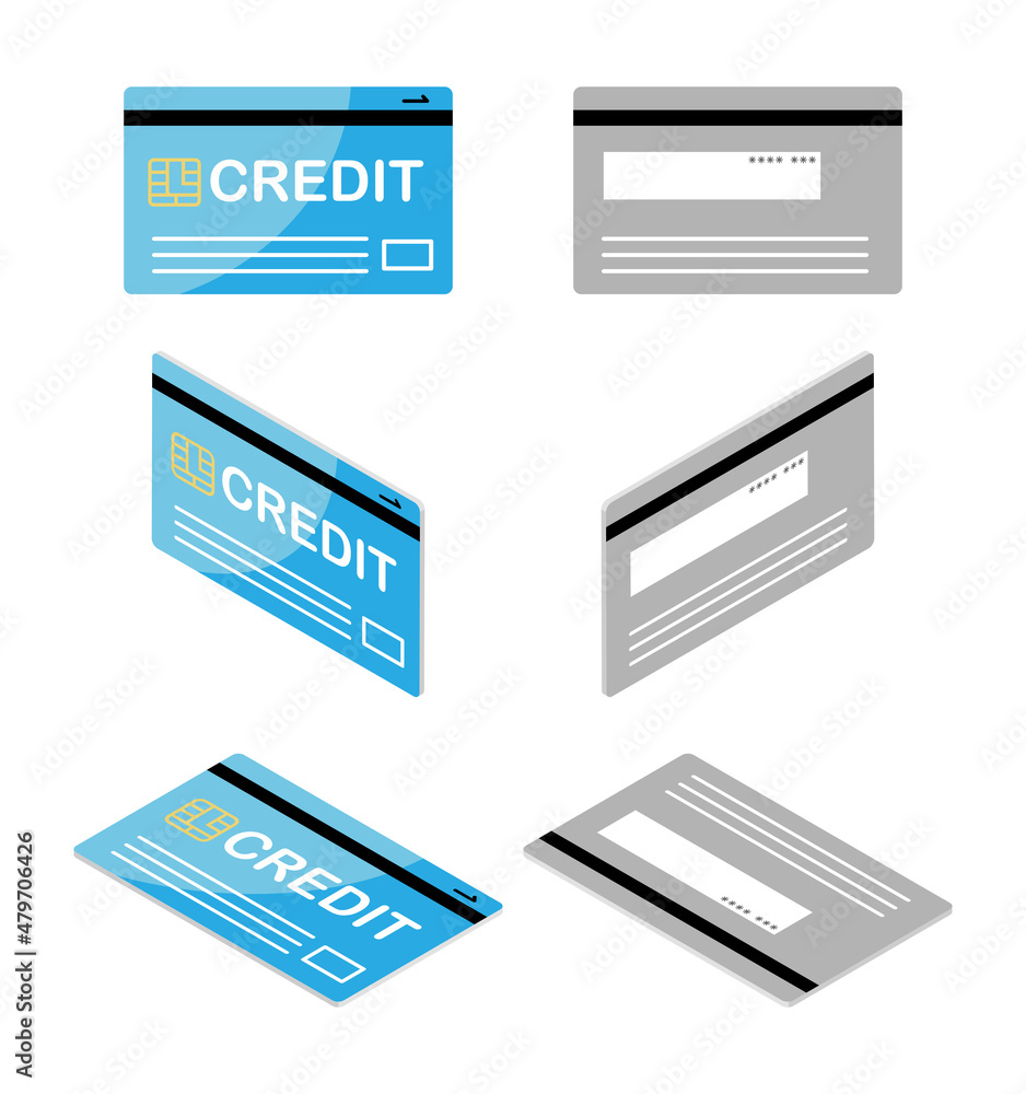 Credit card set - front side and back side, Three different angles ...