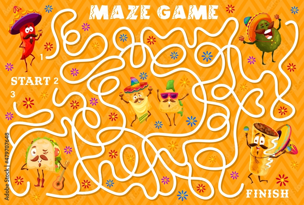Labyrinth maze game. Cartoon mexican tex mex food characters. Vector ...