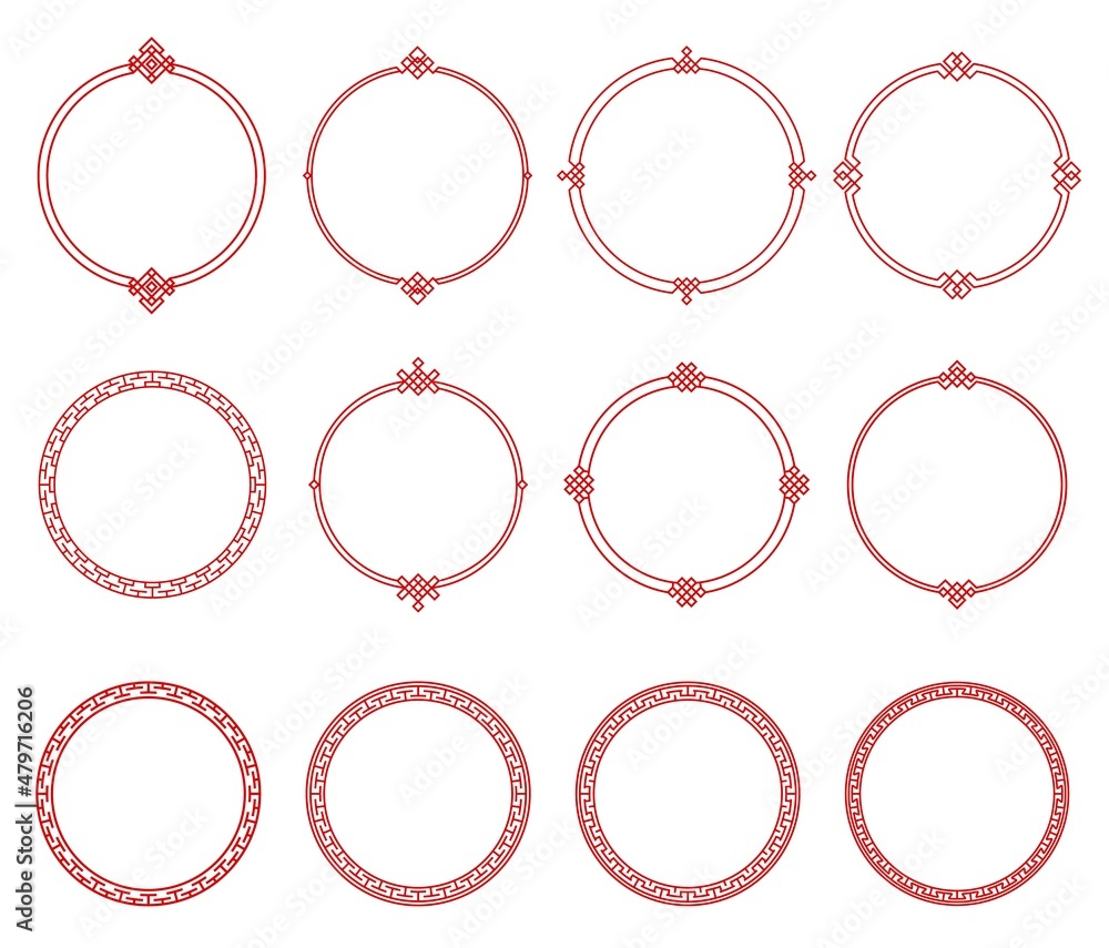 Round red Asian frames and borders, Japanese, Korean and Chinese ...