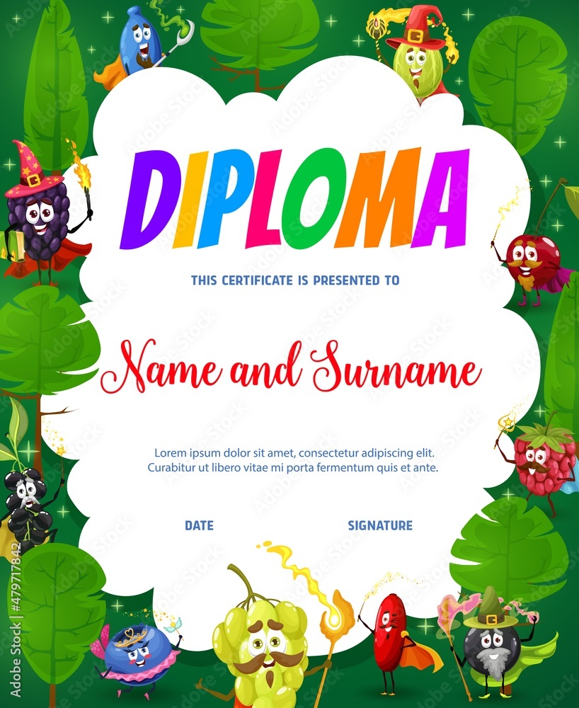 Kids diploma. Cartoon berry wizards, magicians, warlocks, witch and ...