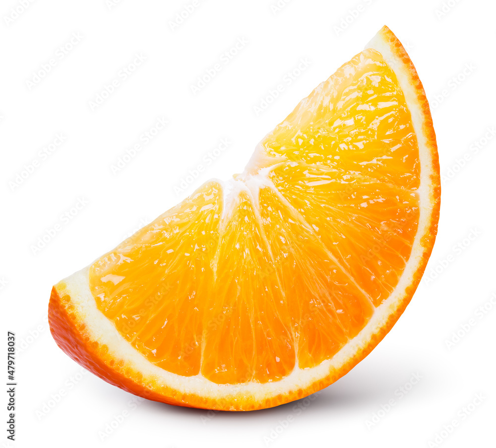 Orange slice isolated. Cut orange slice on white background. Orang ...