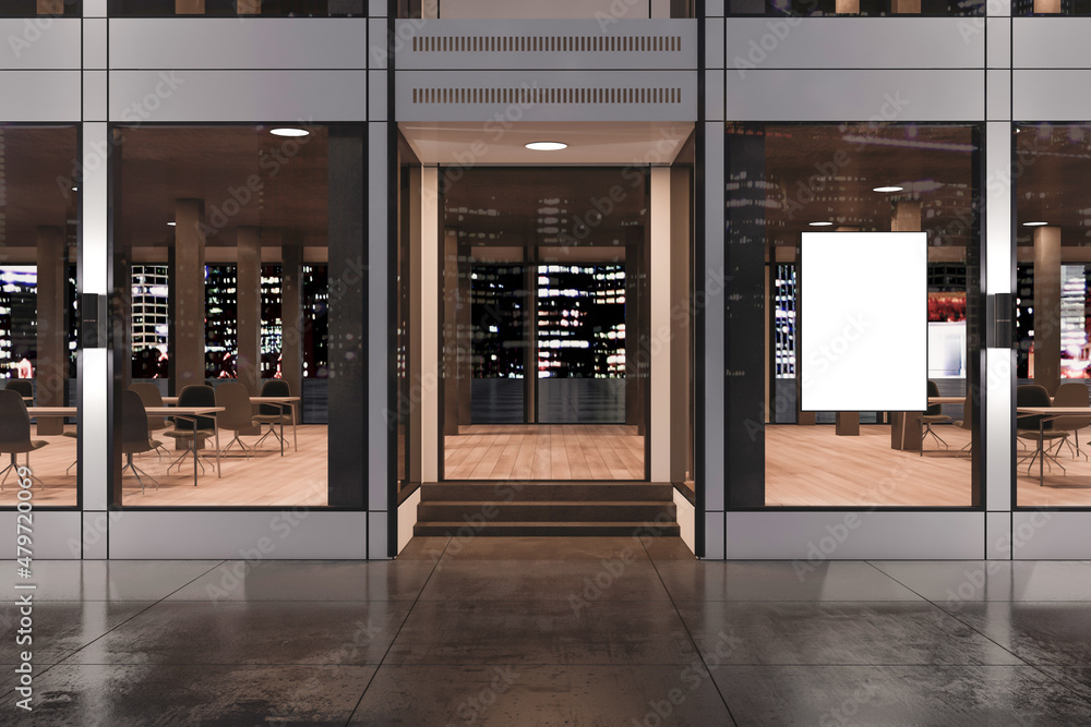 Modern glass store front exterior design with reflections and empty ...