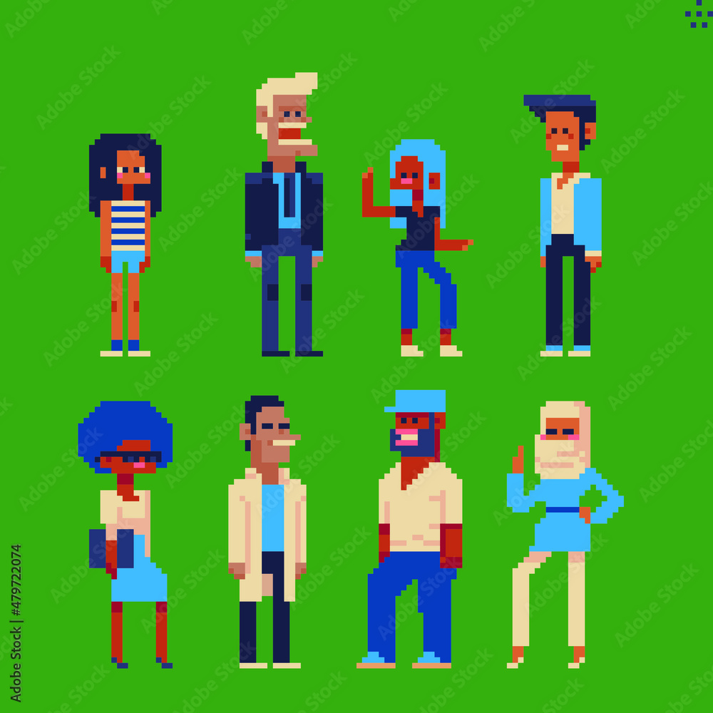 Pixel art people video game characters set design on the topic shopping ...