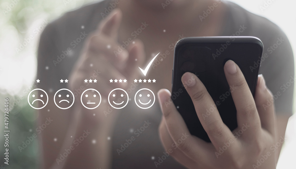 smart woman use smartphone choosing green happy smile face icon ...