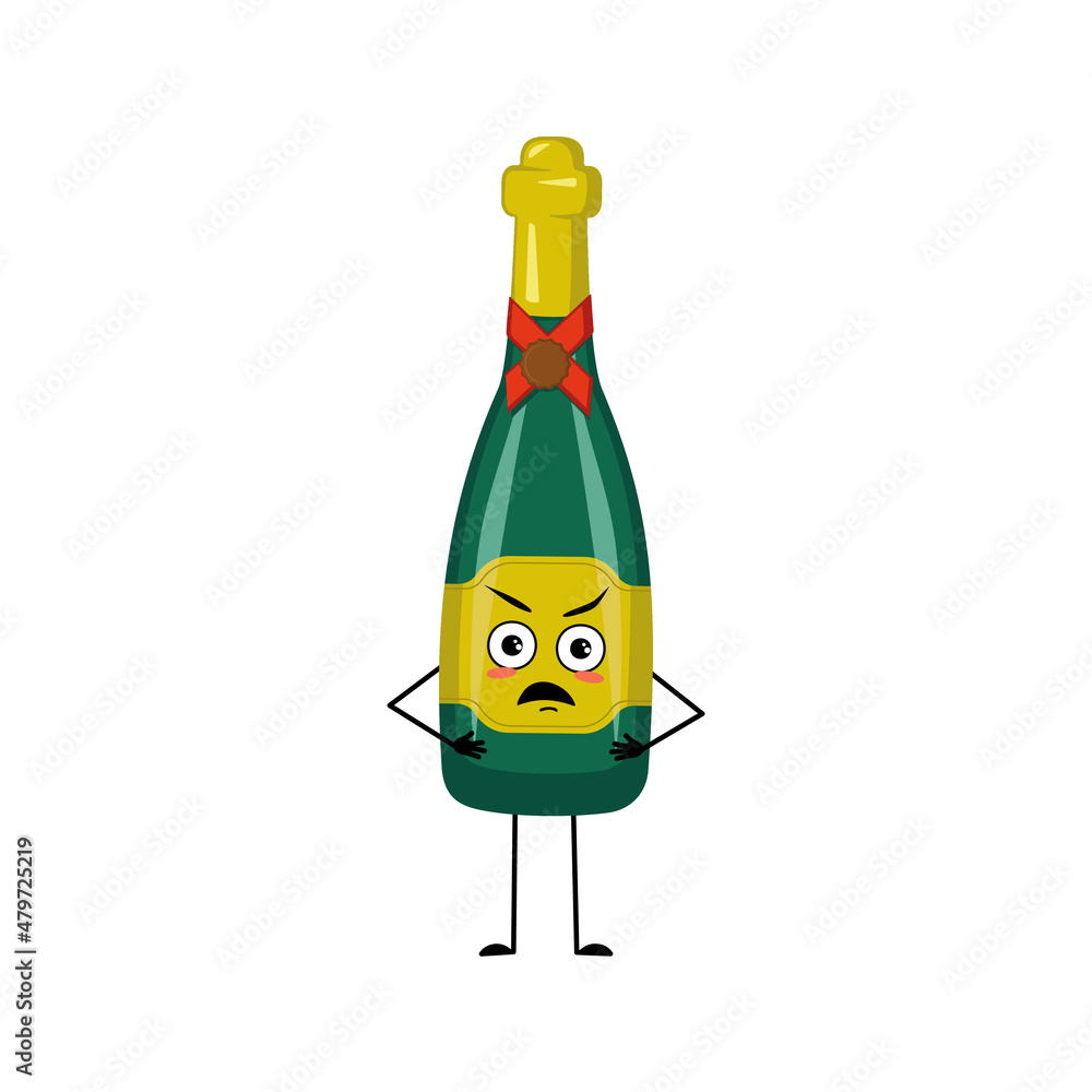 Bottle of sparkling wine character with angry emotions, grumpy face ...