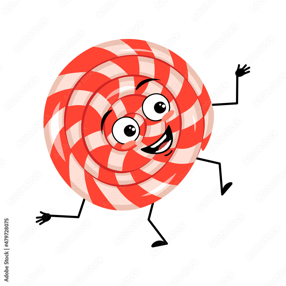 Cute character lollipop with happy emotions, face, smile, eyes, arms ...