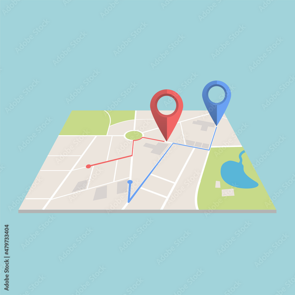 City map with two pin pointers and suggested ways to the destinations ...