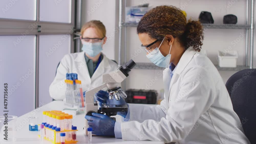 Female Lab Workers Wearing PPE Analysing Blood Samples In Laboratory ...