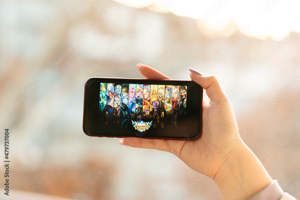 Mobile Legends game application on smartphone screen close-up. Mobile ...